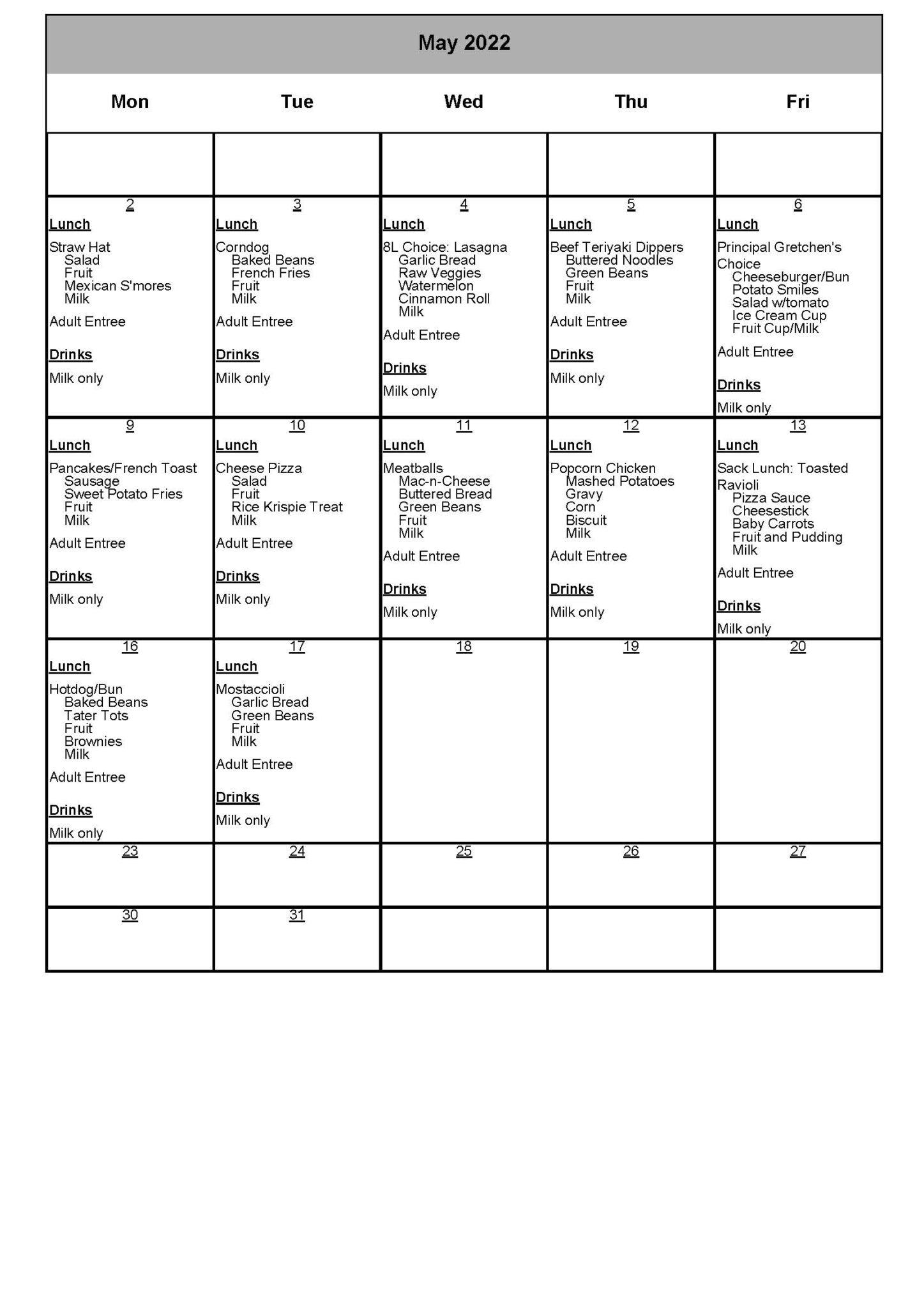 May Lunch Menu - Zion Lutheran School Belleville