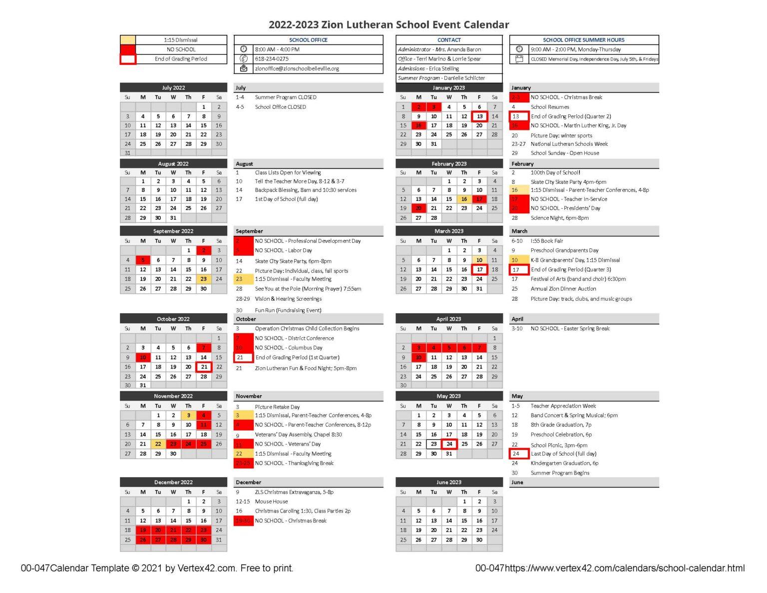 2022-23 School Calendar Now Available - Zion Lutheran School Belleville